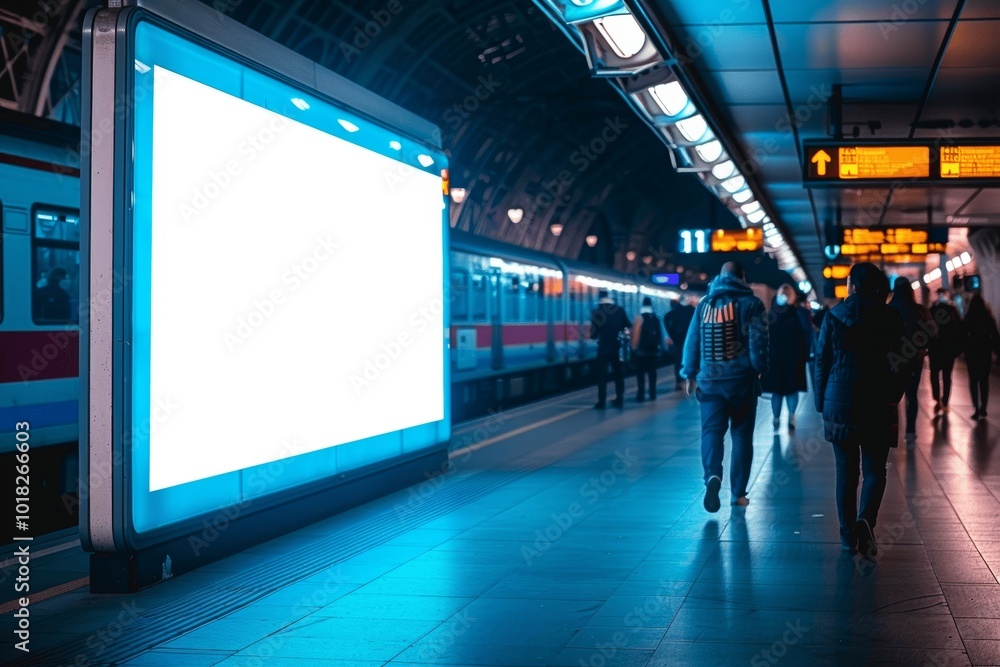 Blank Advertising Billboard in Train Station with Blue Lighting ...