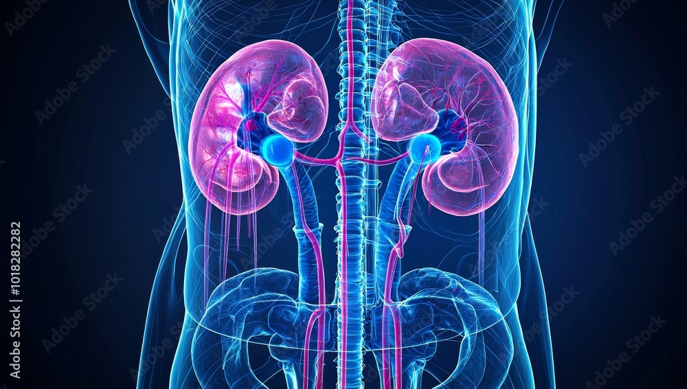 Human anatomy illustration of kidneys and urinary system, vibrant ...