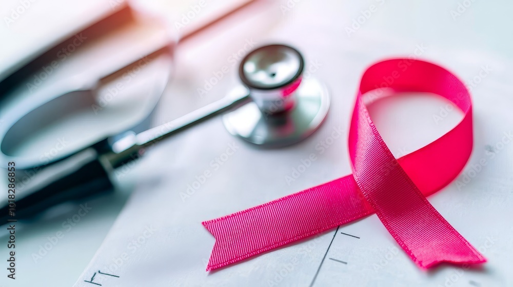 Pink ribbon symbolizing breast cancer awareness on medical chart with ...