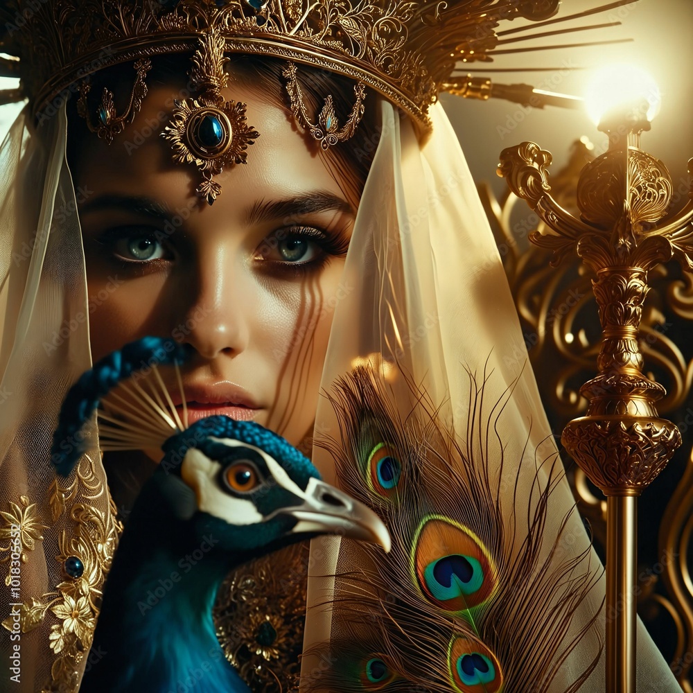 Hera, the queen goddess of marriage, woman and childbirth in golden robes, holding a scepter ...