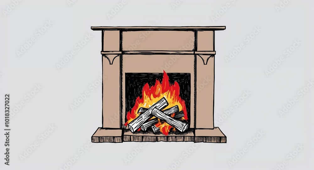 Hand drawing clipart of a fireplace with logs on plain white background ...