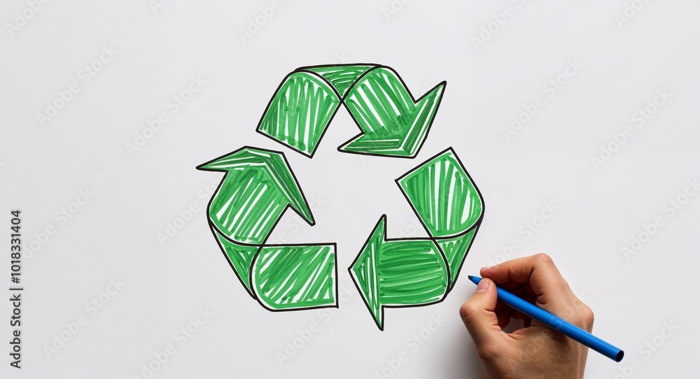 Hand drawing clipart of a recycling symbol with arrows on plain white ...
