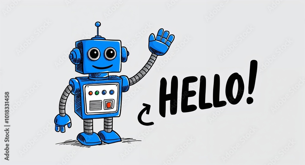 Hand drawing clipart of a robot waving hello on plain white background ...
