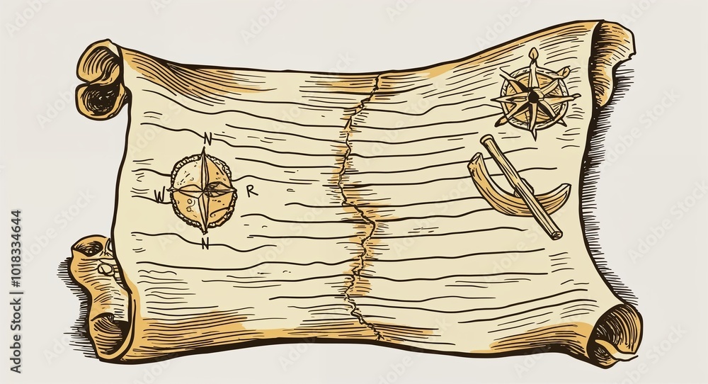 Hand drawing clipart of a treasure map with lines on plain white ...