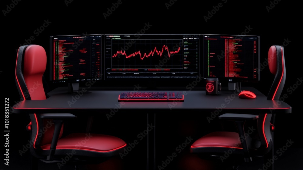 Crimson Market Pulse: Sleek, black workstation with three monitors ...