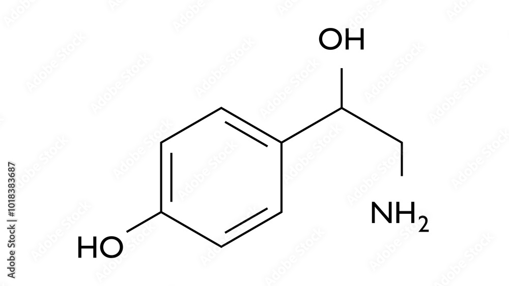 octopamine molecule, structural chemical formula, ball-and-stick model ...