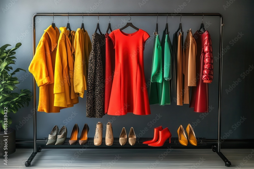 Fashion stylist preparing multiple outfits on a clothing rack, bold ...