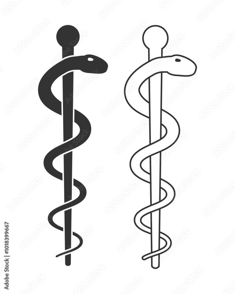 Staff of asclepius symbol. Caduceus sign. Snake around pole medical ...