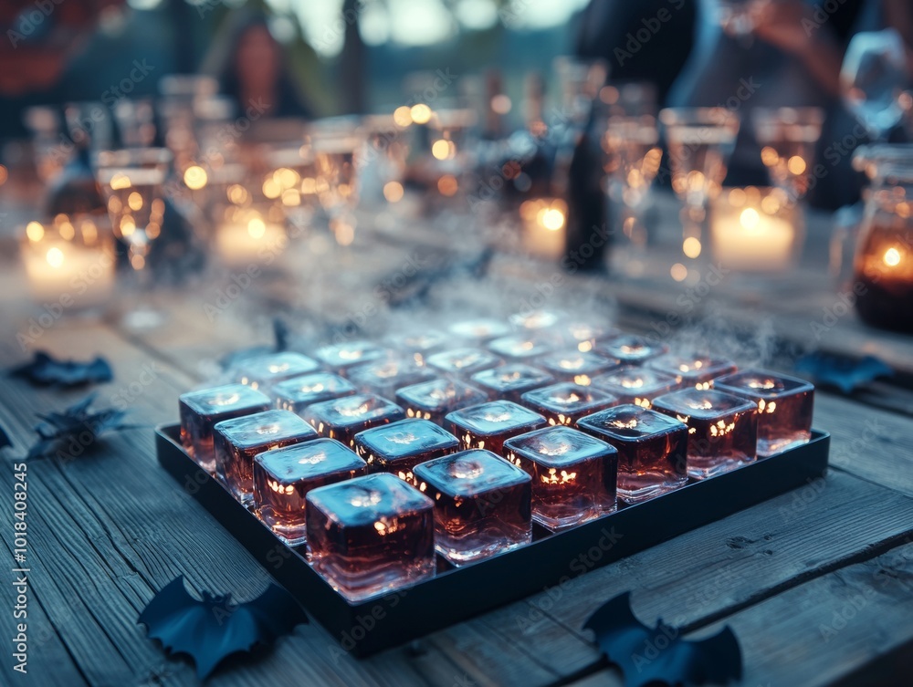 Family making Halloween-inspired cocktails with glowing ice cubes bat ...