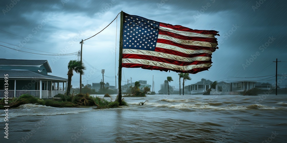 Worn American flag waving amidst a hurricane's strong winds, capturing ...