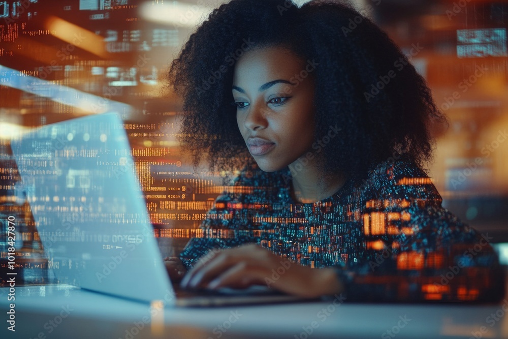 Focused young professional woman working on laptop with digital data ...