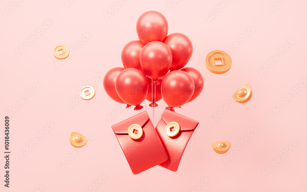 Red envelopes with balloons, splashing gold coins and ingots, marketing ...