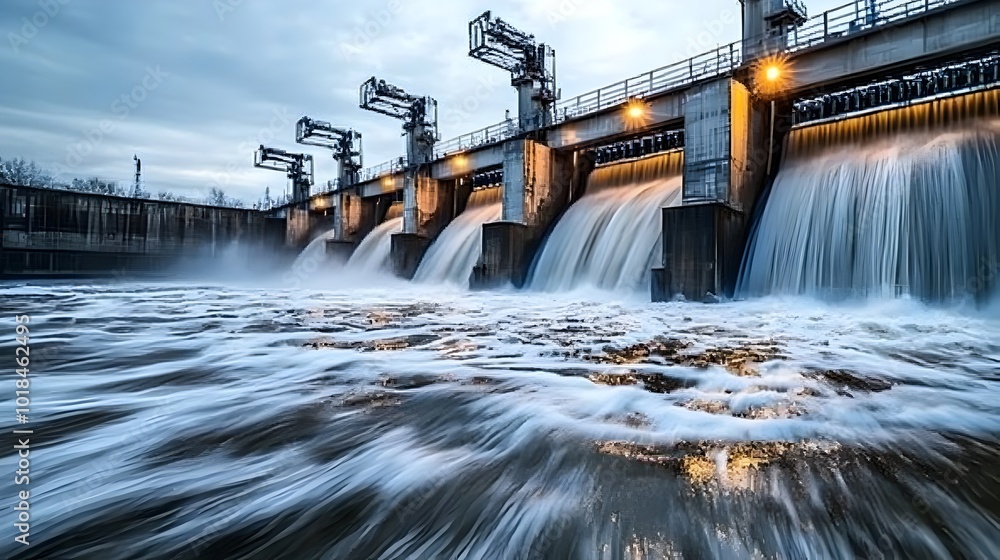 Powerful hydroelectric dam with massive amounts of water flowing ...