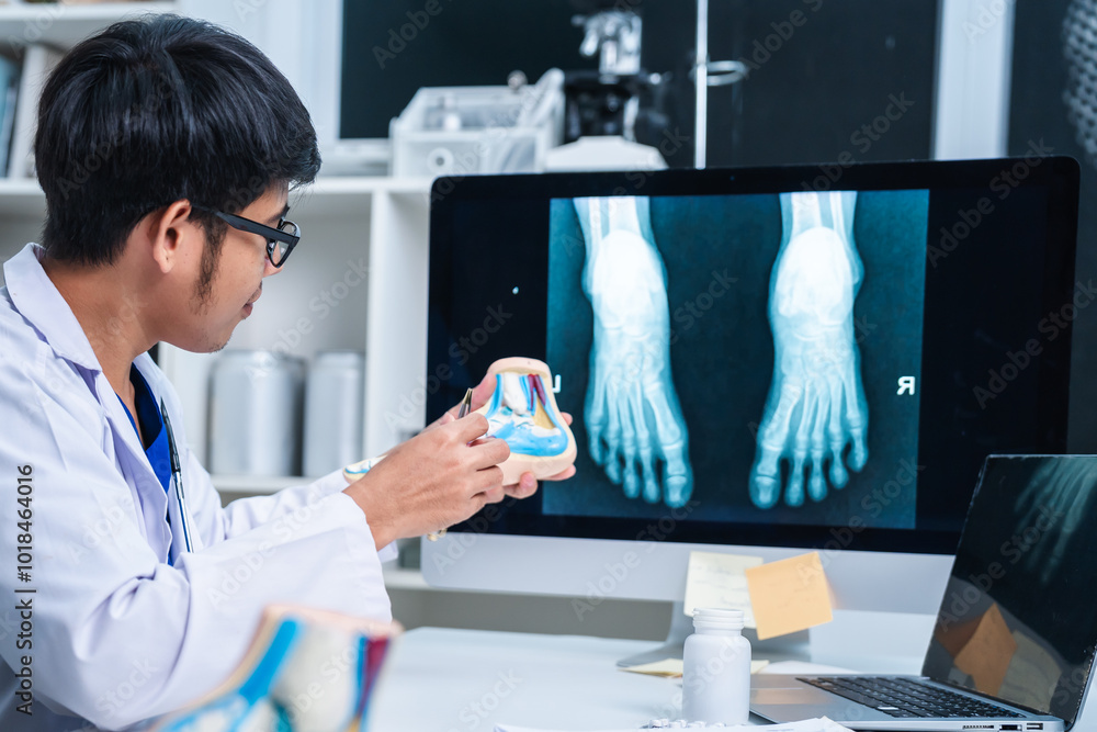 Professional Podiatrist doctor diagnose foot during medical examination ...
