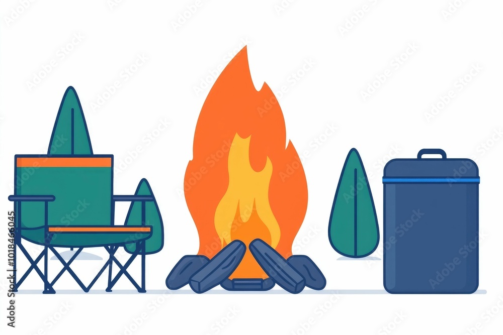 Stylized of a cozy campfire setup with a folding chair and cooler ...