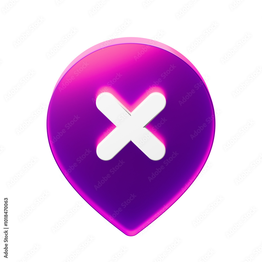 Purple delete map pin 3D render glass icon. Wrong place PNG symbol with ...