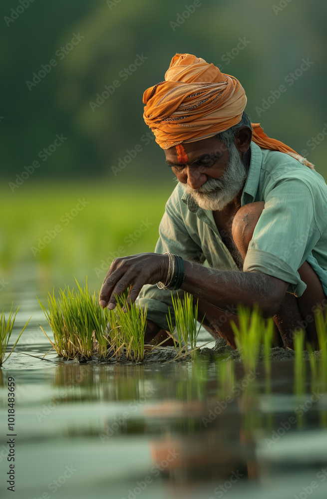 Indian Farmer Planting Rice Seedlings in Water, Showcasing Traditional ...
