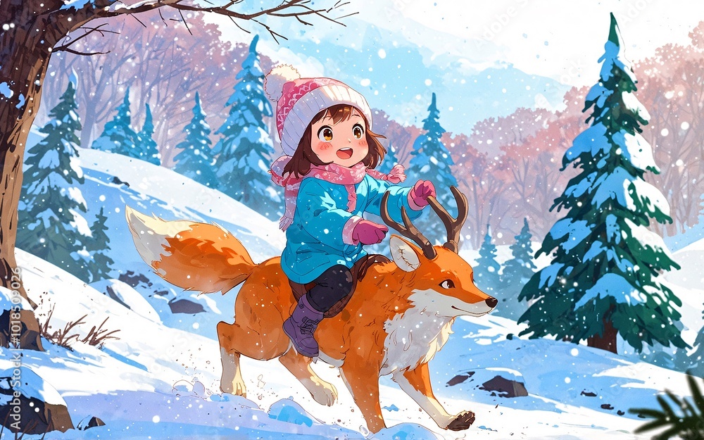 Cute little girl riding a cute mystical fox with deer horns, anime ...