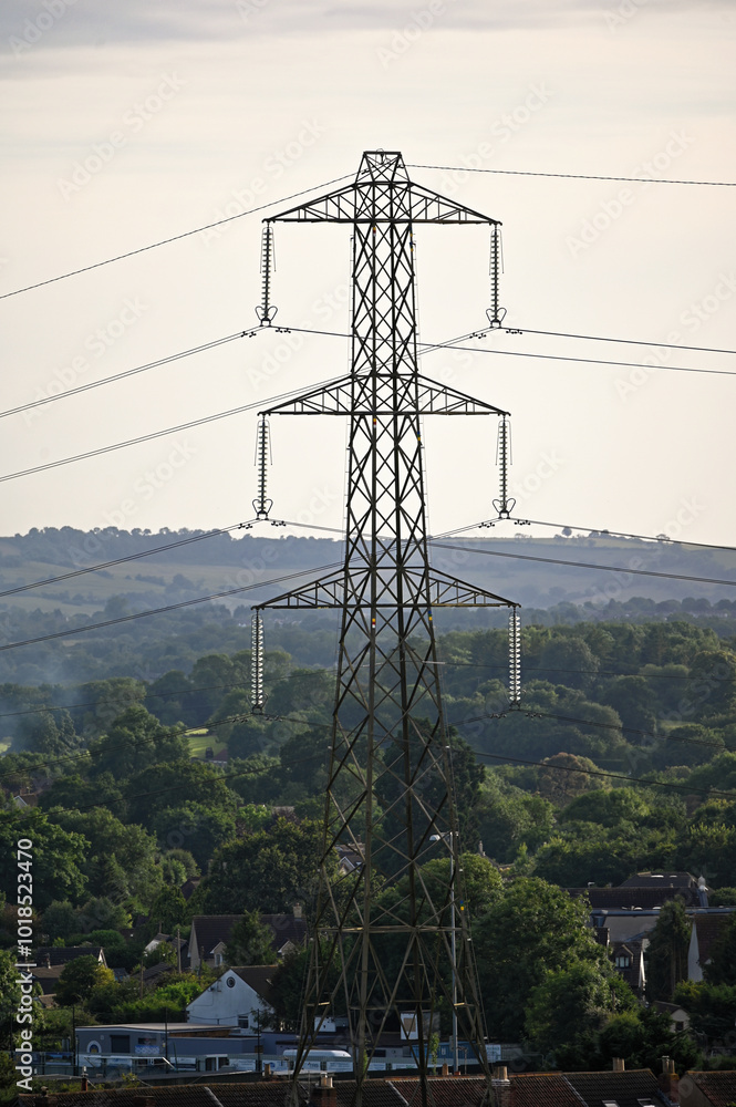 Electrical pole with glass insulators. Distribution transformers. Power ...