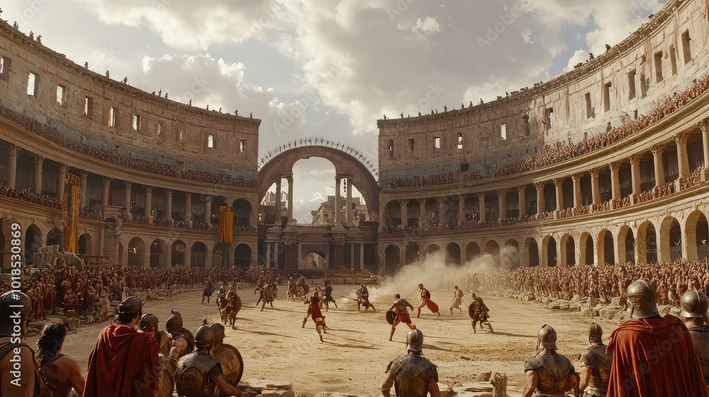 Epic arena scene depicting ancient gladiatorial combat in a bustling ...