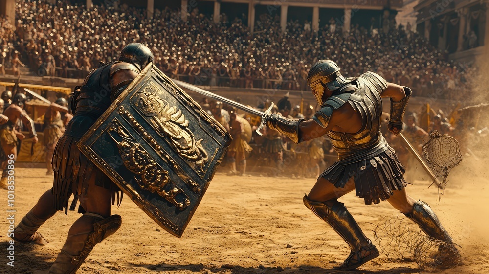 Epic battle scene in a grand arena, featuring gladiators clashing with ...