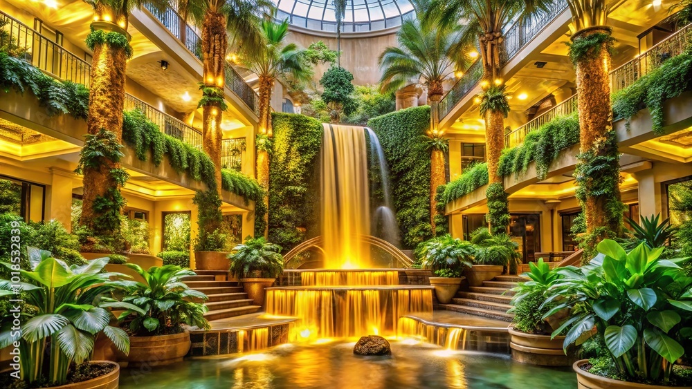Golden accents and LED lights illuminate the atrium's grandeur ...