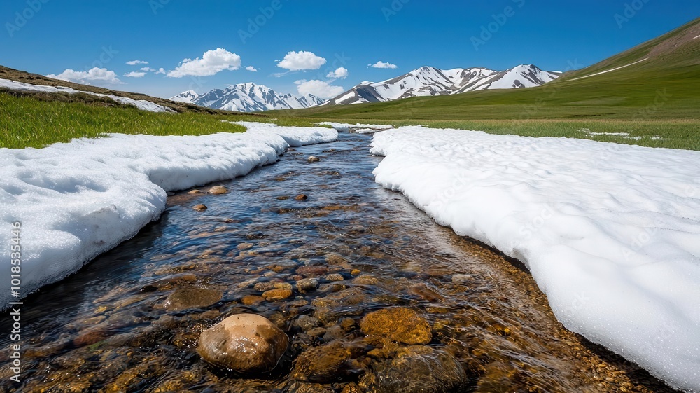Snow melting into a mountain stream, representing the seasonal ...