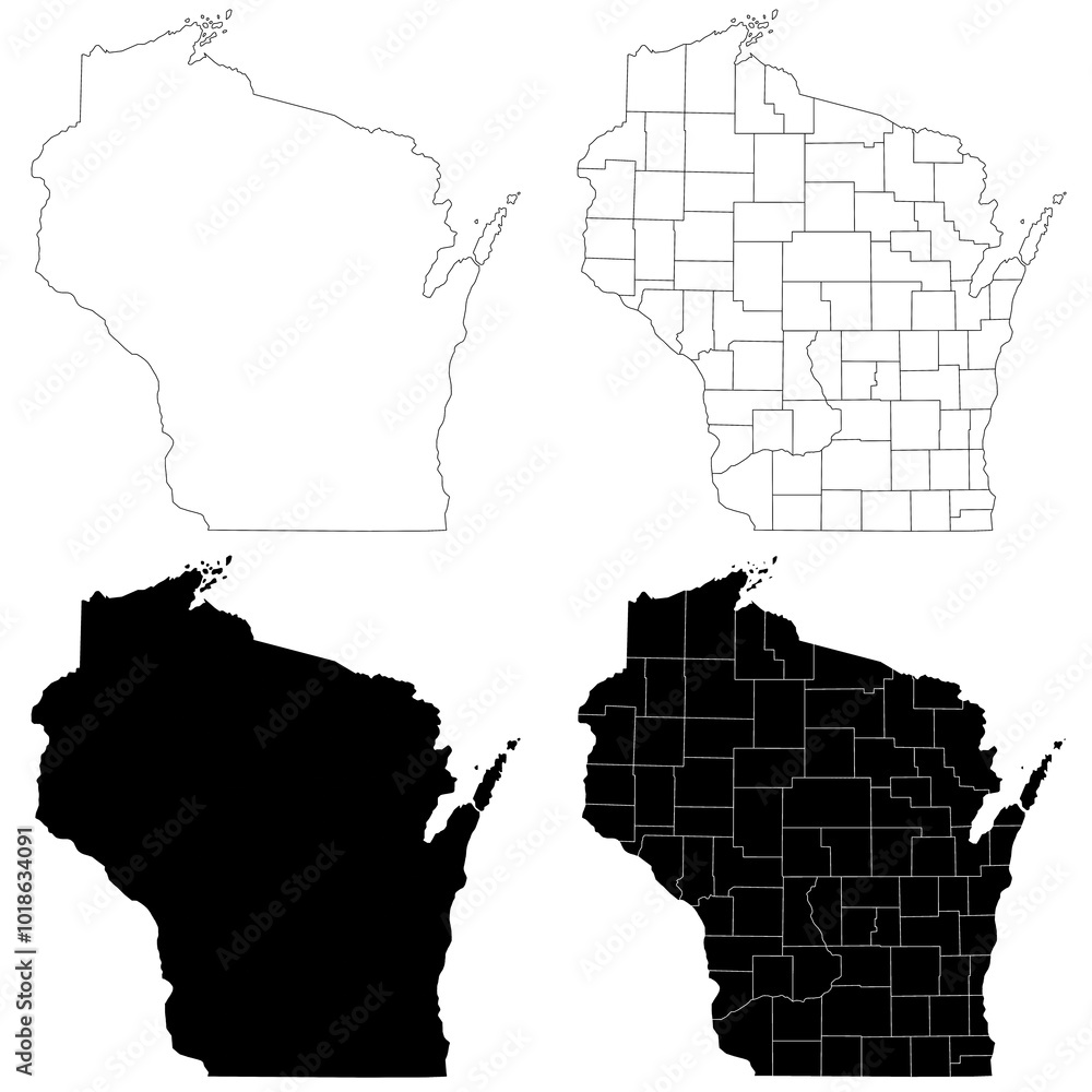 Wisconsin administrative map, Wisconsin outline and counties state map ...
