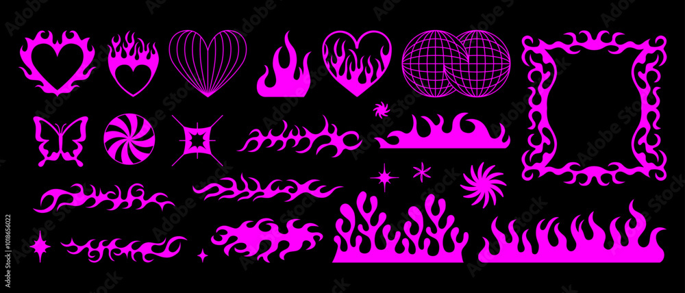 Vector design set, flames and fire, acid neo tribal shapes, y2k ...