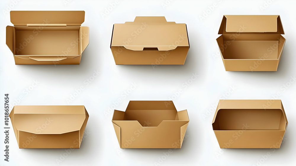 Six Different Brown Cardboard Boxes Open and Closed for Packaging ...