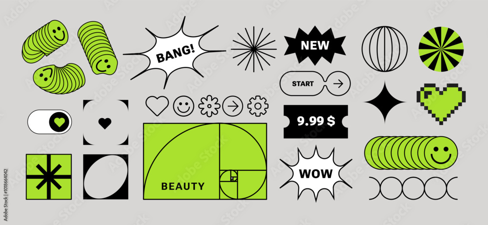 Retro Futuristic stickers. Simple shapes, acid emoji, golden ratio ...