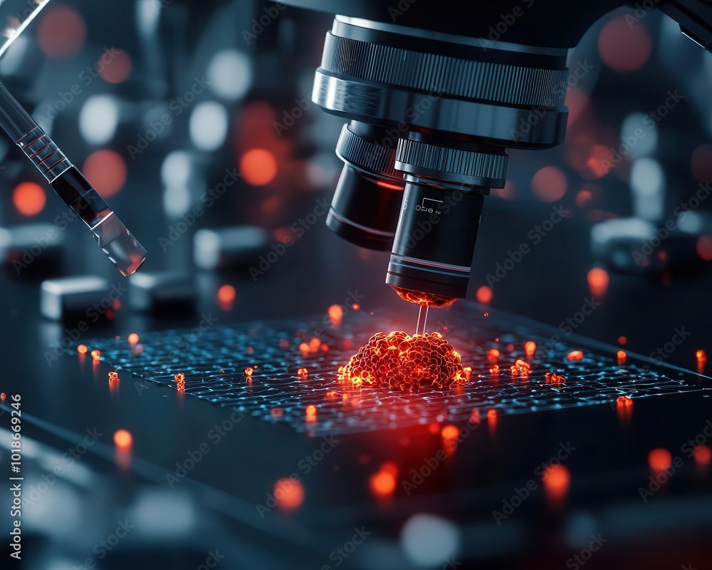 Nanobots repairing damaged tissues in a human body, visible under a ...