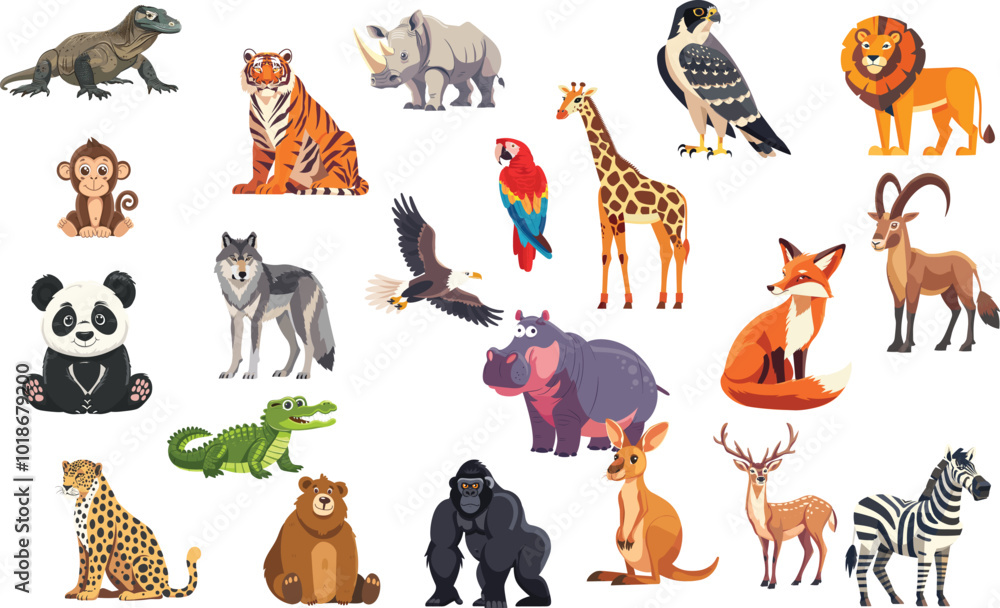 Set of Flat Vector Illustrations in Children's Style Featuring Cute ...
