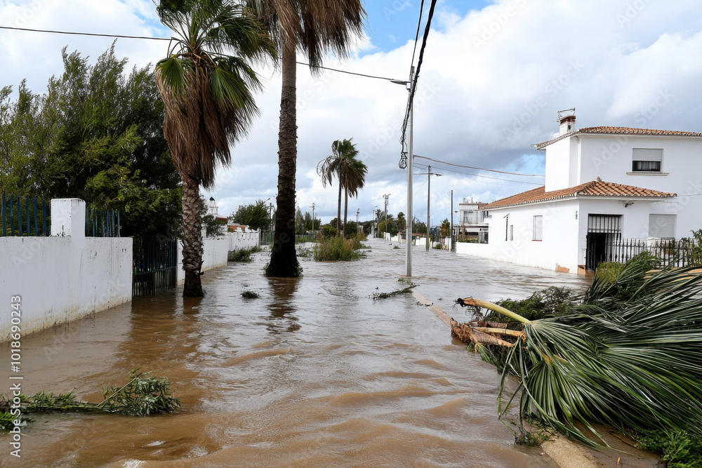 Flood natural disasters. City flooding during hurricane, tropical storm ...