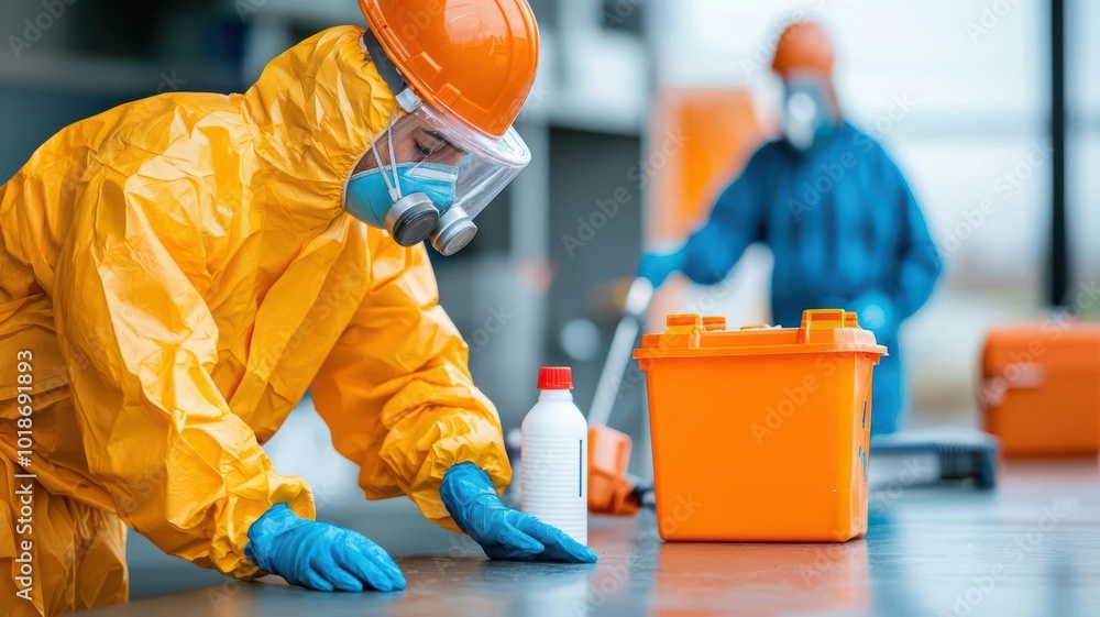 Biohazard zone with hazardous waste contamination, safety workers ...