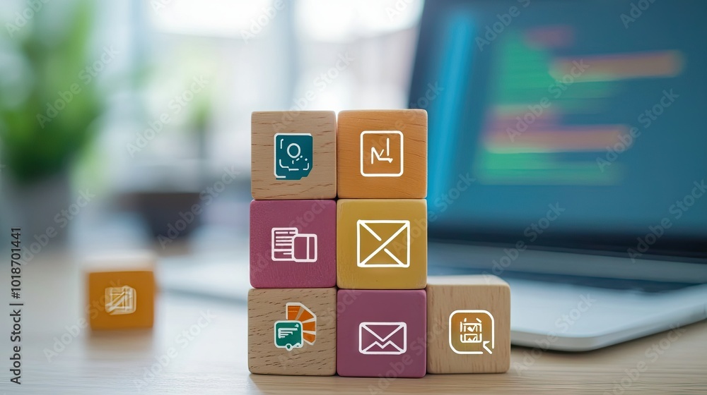 Stacked wooden blocks displaying symbols for e-learning platforms ...