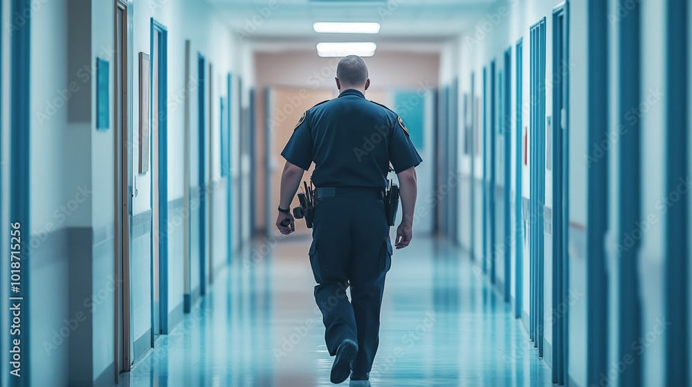 Caucasian male police officer in uniform with gun on his belt walking ...