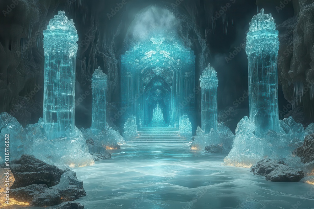 majestic crystal palace throne room bathed in ethereal blue light ...