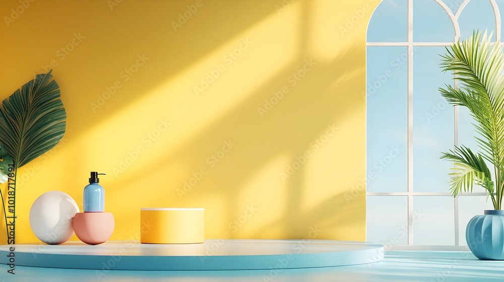 Minimalist 3D studio room with bold yellow background empty floor and ...