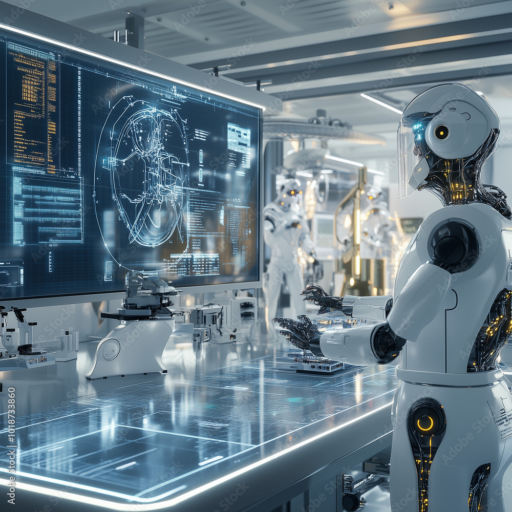 A high-tech laboratory with robots working alongside scientists. Screens showcase 3D blueprints ...
