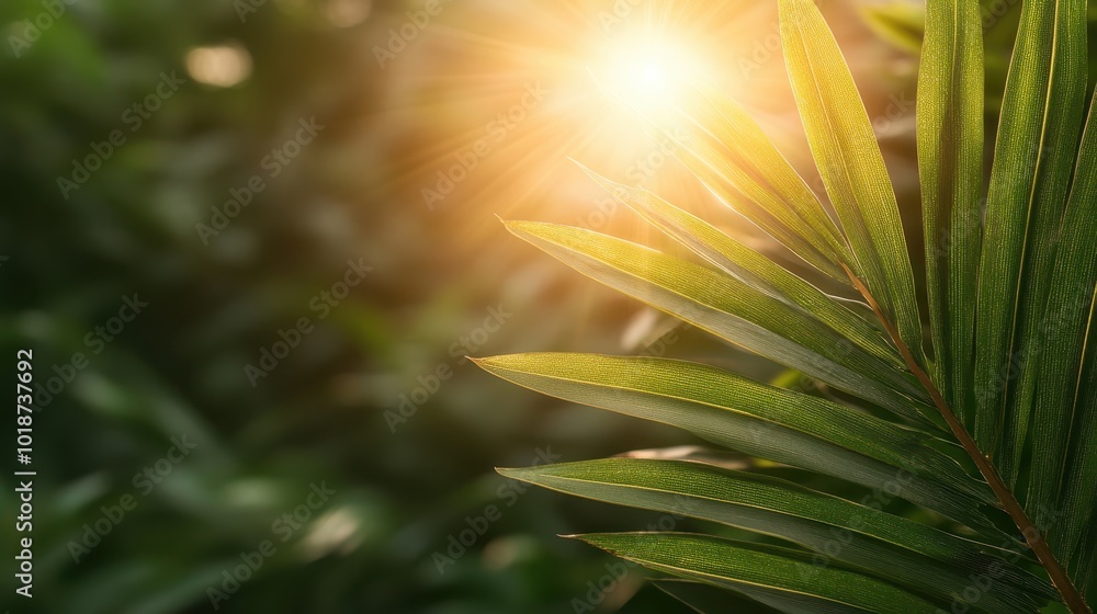 Radiant sun casts a warm, golden light on vibrant green branches ...