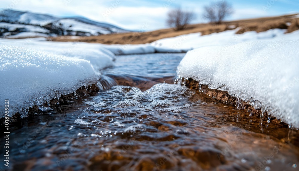 Snow melting into a mountain stream, representing the seasonal transformation of water from ...