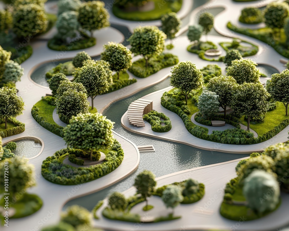Eco-urban park layout designed with organic pathways and natural water ...