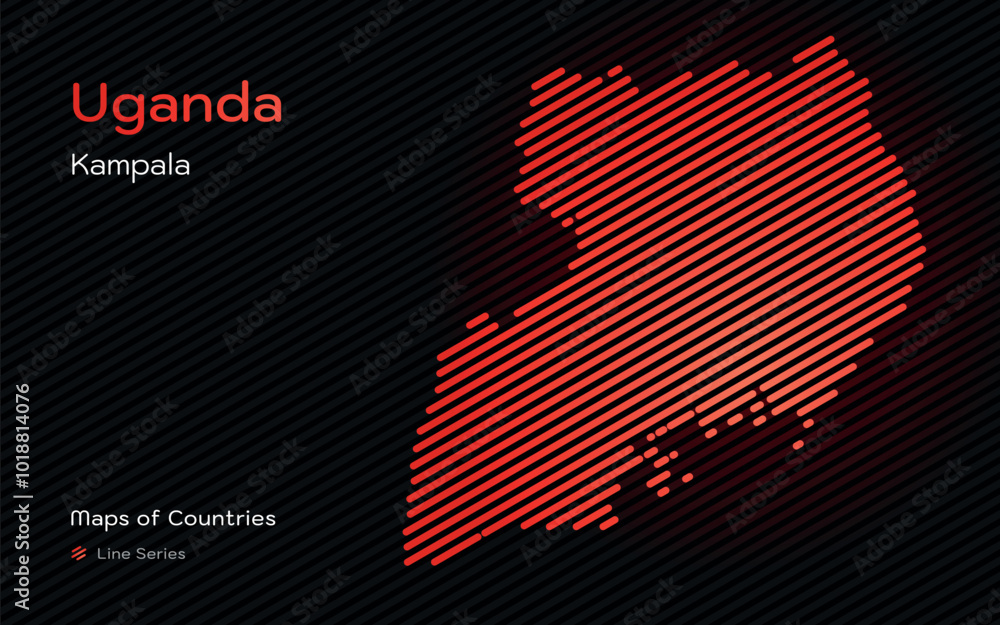 Uganda Map with a capital of Kampala shown in a gold Line Pattern ...