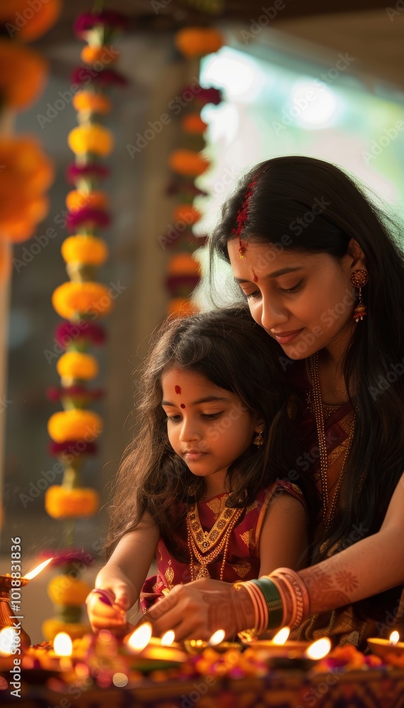 Mother and Daughter Celebrating Lakshmi Puja with Traditional Diyas and ...