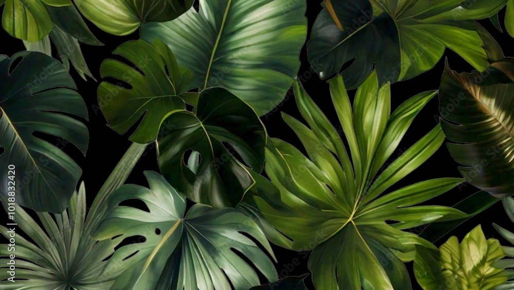 Tropical forest wallpaper featuring monstera and palm leaves in a ...