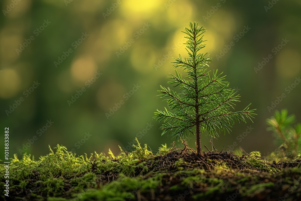 Young pine tree sapling planted in forest soil on sunset background ...