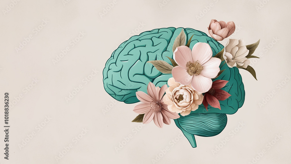 Human Brain with Flowers Illustration against Clean Light Background ...