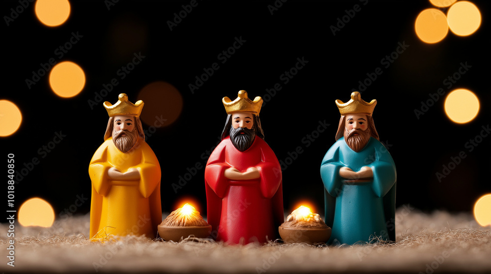 Figurines of the Three Wise Men placed beside a glowing nativity scene ...