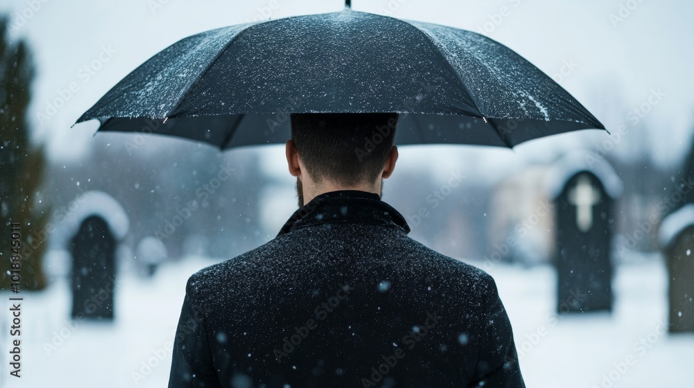 Mourner dressed in black holding an umbrella under soft snowfall ...